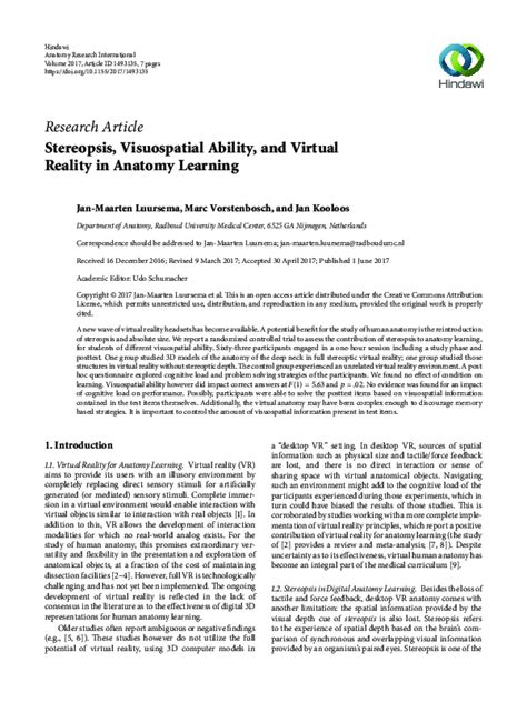 Pdf Stereopsis Visuospatial Ability And Virtual Reality In Anatomy