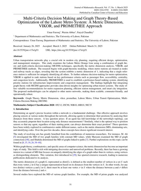 Pdf Multi Criteria Decision Making And Graph Theory Based Optimization Of The Lahore Metro