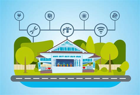 스마트 하우스 녹색 에너지 기술 시스템 중앙 제어 조명 난방 환기 및 공기 조화 전기 인터넷의 스마트 홈 개념 평면 개발에 대한 스톡 벡터 아트 및 기타 이미지 Istock