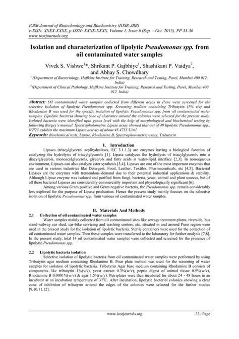 Isolation And Characterization Of Lipolytic Pseudomonas Spp From Oil Contaminated Water Samples