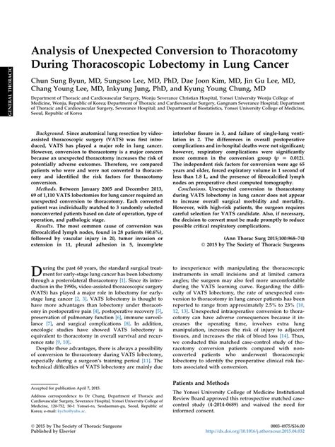 Pdf Analysis Of Unexpected Conversion To Thoracotomy During Thoracoscopic Lobectomy In Lung Cancer