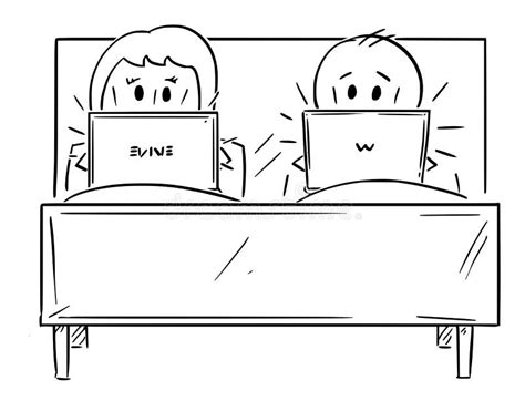 Cartoon Of Couple In Bed Both Man And Woman Are Working On Computer
