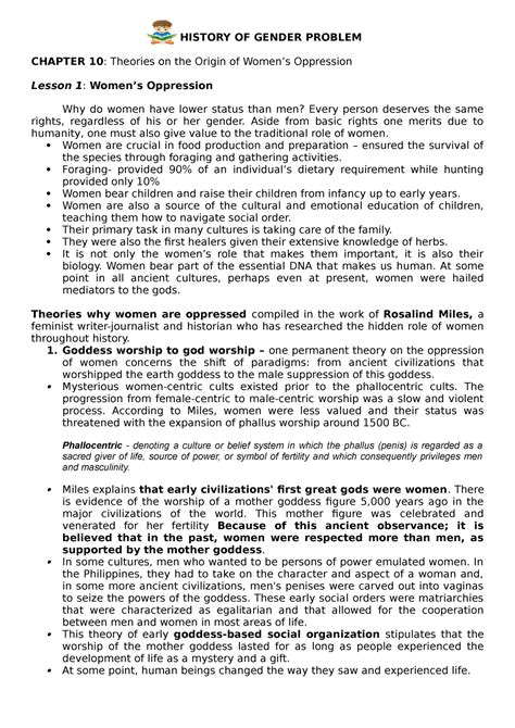 Lecture 3 Gen Ed 109 For Research THE HISTORY OF GENDER PROBLEM CHAPTER 10 Theories On The