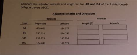 Solved Compute The Adjusted Azimuth And Length For Line AB Chegg Com
