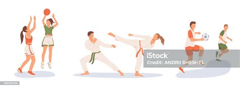다양한 종류의 스포츠를 하는 젊은 운동선수의 만화 캐릭터 세트 배구에 대한 스톡 벡터 아트 및 기타 이미지 배구 벡터 일러스트레이션 Istock