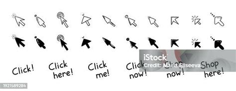 Doodle Click Here Button Set Different Mouse Cursors With Lettering For Website Or Computer