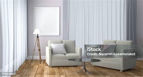 화이트 룸 인테리어 스칸디나비아 스타일소파 램프 베개 식물과 프레임 나무 바닥 및 흰색 벽 배경에 창문이 있는 현대적인 객실입니다 3d 렌더링 0명에 대한 스톡 사진 및