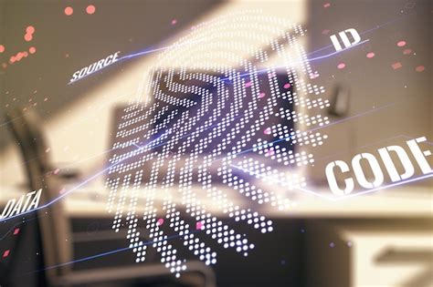 Premium Photo Multi Exposure Of Abstract Fingerprint Scan Interface And Modern Desk With