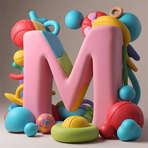 3d render of letter m surrounded by colorful playful objects in cgi