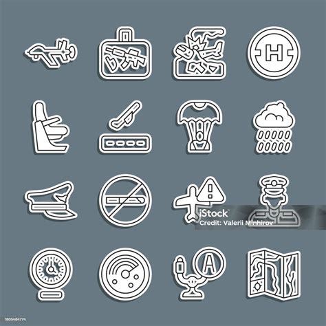 세트 라인 세계 여행지도 조종사 비가 내리는 구름 비행기 추락 이륙 비행기 좌석 Uav 무인 항공기 및 낙하산 아이콘 벡터 0명에 대한 스톡 벡터 아트 및 기타 이미지