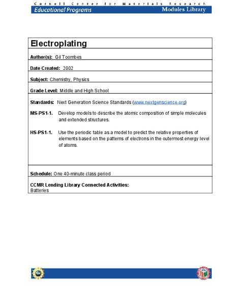 Electroplating Lesson Plan For 6th 12th Grade Lesson Planet