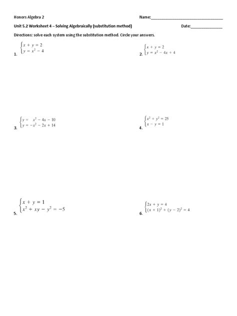 Unit Worksheet Solving Nonlinear Systems W Substitution PDF Worksheets Library