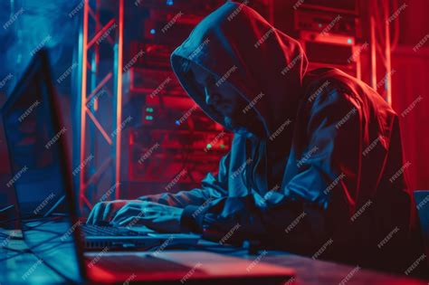 premium photo hacker in hood hacking at computer in dark room computer criminal uses malware