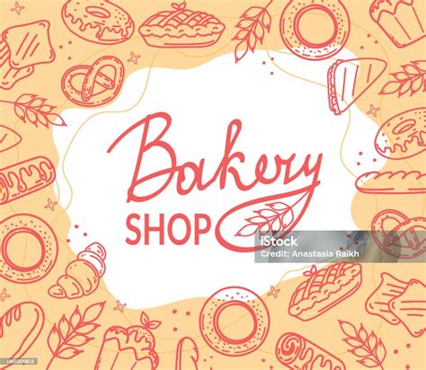 다양한 손으로 그린 구운 식품과 디저트가 있는 배너 또는 포스터 흰색 배경의 낙서 스타일로 벡터 일러스트레이션 빵과 롤스토어
