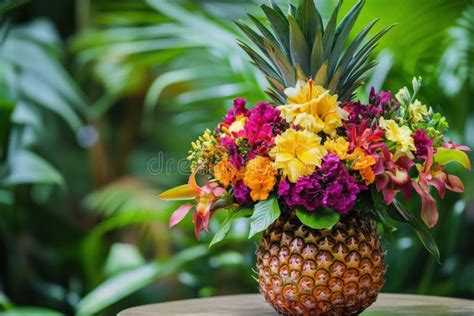 Vibrant Pineapple Centerpiece Adorned With Colorful Tropical Flowers In