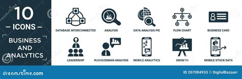 Filled Business And Analytics Icon Set Contain Flat Database Interconnected Analysis Data