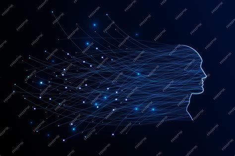 파란색 배경 기술 미래 인공 지능 및 기계 학습 개념 3d 렌더링에 빛나는 선과 흐릿한 보케 원이 있는 추상 디지털 헤드 개요 프리미엄 사진