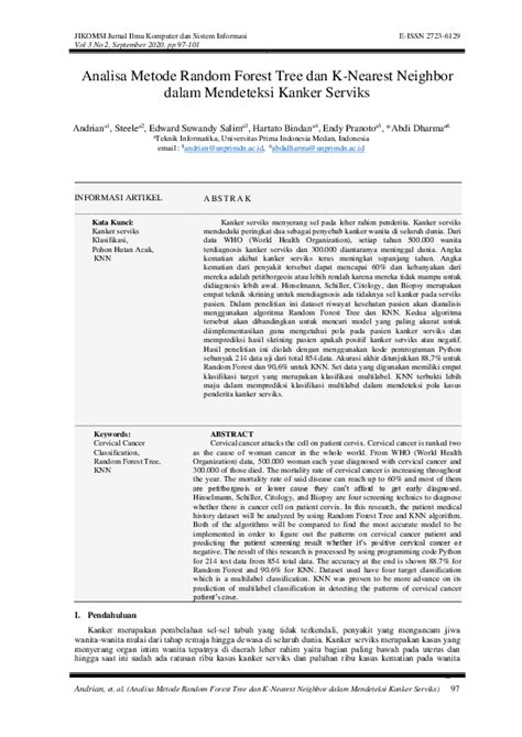 Pdf Analisa Metode Random Forest Tree Dan K Nearest Neighbor Dalam Mendeteksi Kanker Serviks