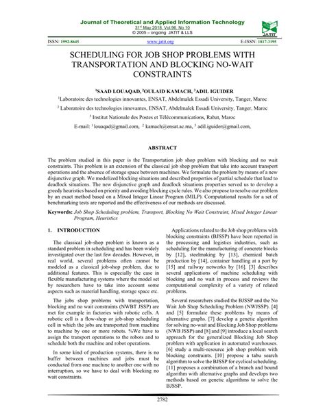 Pdf Scheduling For Job Shop Problems With Transportation And Blocking No Wait Constraints