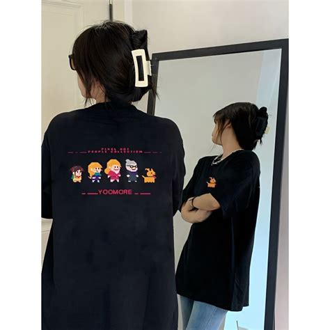 [l 4xl] ขนาดใหญ่ฤดูร้อนเกาหลีรุ่นแขนสั้นตัวการ์ตูนพิมพ์เสื้อยืดคู่หลวมครึ่งแขน Shopee Thailand