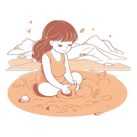 Милая девочка играет с песком в пустыне Премиум векторы