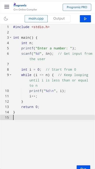 Print The Numbers From O To N If N Is Given By Userwhile Loop In C