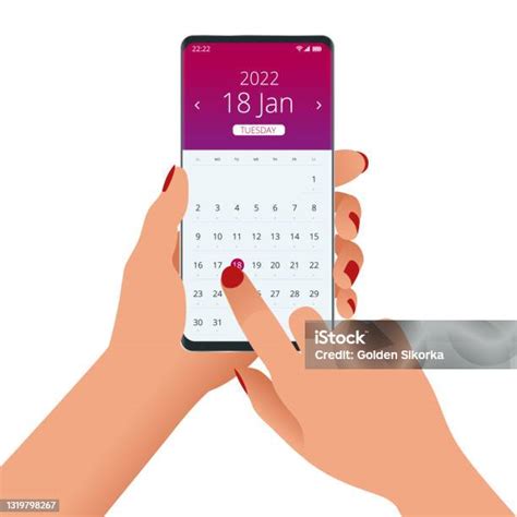 2022년 캘린더 플래너 달력 한 달 계획 스마트폰과 여성의 손 캘린더 아이콘 일정 스마트 폰 화면에서 계획 응용 프로그램 2022년에 대한 스톡 벡터 아트 및 기타 이미지