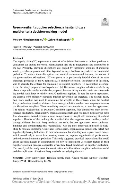 Green Resilient Supplier Selection A Hesitant Fuzzy Multi Criteria Decision Making Model