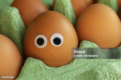 녹색 골판지의 전체 프레임 이미지 행에 닭 계란의 배치를 포함하는 계란 상자 끈적 거리는 눈 만화 얼굴하나 전경에 초점을 맞추고 달걀에 대한 스톡 사진 및 기타 이미지