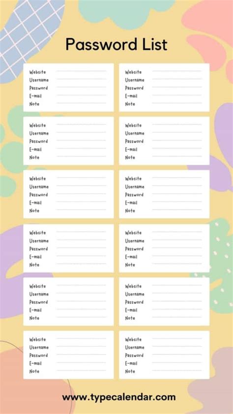 free printable password list templates [excel pdf] alphabetical