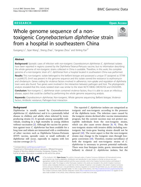 Pdf Whole Genome Sequence Of A Non Toxigenic Corynebacterium Diphtheriae Strain From A