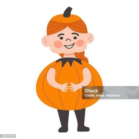 할로윈 키즈 의상 파티 할로윈 호박 의상을 입은 귀여운 생강 소녀 파티 초대 웹만화 벡터 캐릭터 웃는 점프 아이 흰색 배경에서 격리 10월에 대한 스톡 벡터 아트 및 기타