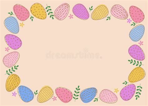 Rectangular Frame Of Easter Decorated Eggs And Leaves Colorful Eggs On