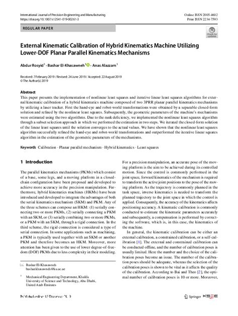 Pdf External Kinematic Calibration Of Hybrid Kinematics Machine