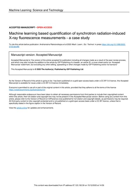 Pdf Machine Learning Based Quantification Of Synchrotron Radiation Induced X Ray Fluorescence