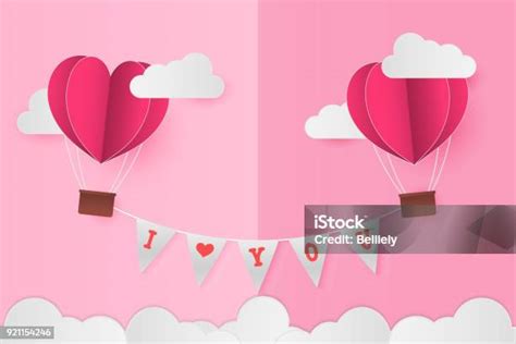 발렌타인 데이 플래그 커플 허니문 벡터 일러스트 배경 텍스트와 구름 하늘에 비행 하는 풍선의 종이 스타일 사랑 공예에 대한 스톡 벡터 아트 및 기타 이미지 Istock