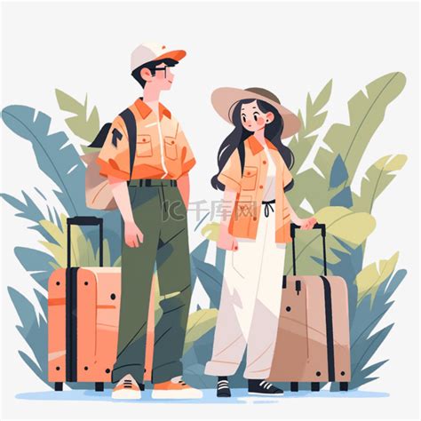 扁平插画风格旅游度假人物橙色衣服情侣素材图片免费下载 千库网