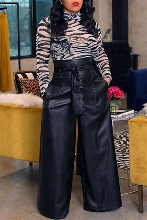 Xpluswear Plus Size Casual Black Pu Leather Wide Leg Pants With Belt Leather Pants Belted
