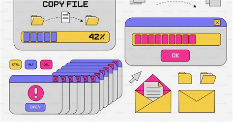 생생한 색상 80 년대 오래된 컴퓨터 Aestethic 요소 세트입니다 레트로 Pc 사용자 인터페이스 운영 체제 창 트렌디 한 Y2k 스타일의 아이콘 벡터 삽화의