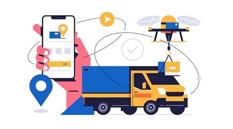 온라인 소포 배달 서비스 개념 모바일 앱 개념 손에 들고 전화와 소포 배달 응용 프로그램 디스플레이에 택배 트럭과 주문 상자와 비행 무인 항공기 빠른 주문 운송 개념에 대한