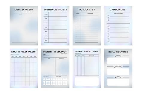 인쇄 가능한 주간 월간 플래너 메모장 메모 습관 추적기 그라데이션 저널 템플릿 세트 프리미엄 벡터