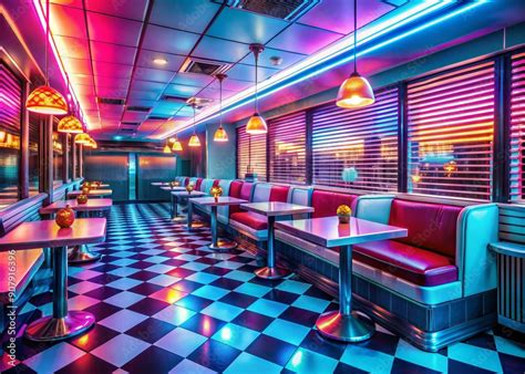 Retro Diner With Neon Lights Vinyl Booths And Vintage Decor Evoking