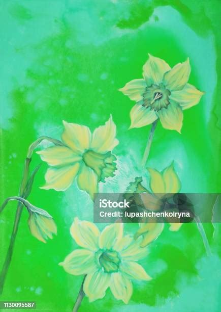 유행 그림 현대 예술의 수채화 녹색 꽃 봄 정 꽃에 노란 수 선화와 내 원래의 그림 작업 그림 그리기에 대한 스톡 벡터 아트 및
