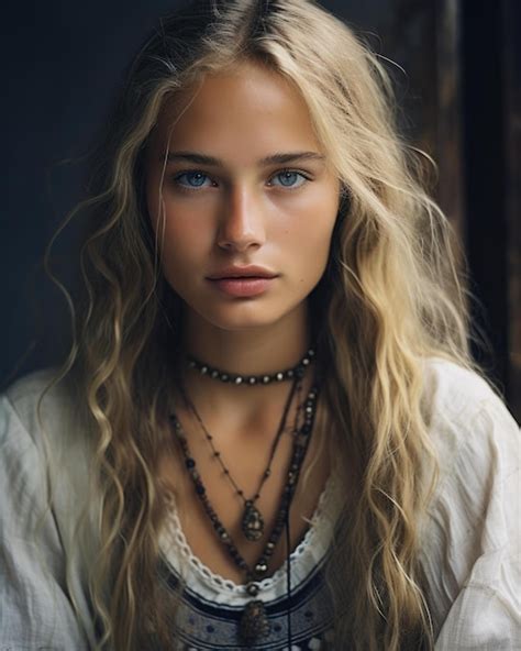 Portrait D Une Belle Jeune Femme Aux Longs Cheveux Blonds Vecteur Premium