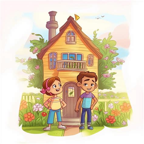 Un Dibujo De Un Niño Y Una Niña Frente A Una Casa Con Una Casa En El