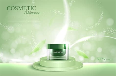 화장품 또는 스킨 케어 골드 제품 광고 녹색 병 및 배경 빛나는 조명 효과 벡터 프리미엄 벡터