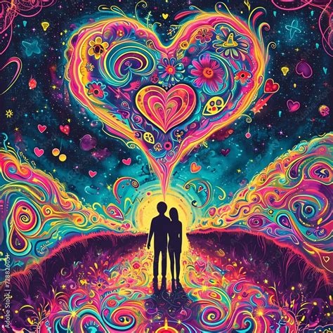 Colorful Rainbow Abstract Illustration Of A Couple In Love Around A Heart Heart As A Symbol Of