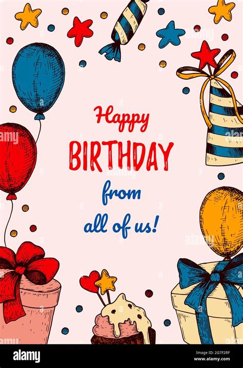 Happy Birthday Greeting Card Hand Drawn Vector Illustration Stock