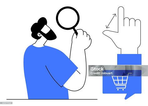 전자 상거래와 사용자 상호 작용을 묘사하는 온라인 쇼핑 및 제스처 아이콘과 함께 돋보기를 사용하는 남자 가격에 대한 스톡 벡터 아트 및 기타 이미지 Istock