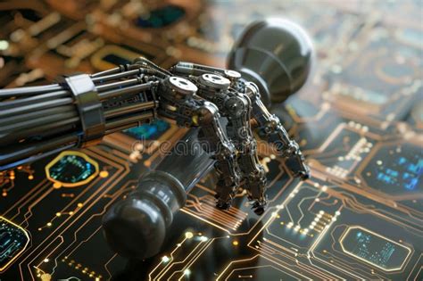 Robotic Hand Holding Gavel On Circuit Board Representing Ai Ethics And Legal Concepts Stock